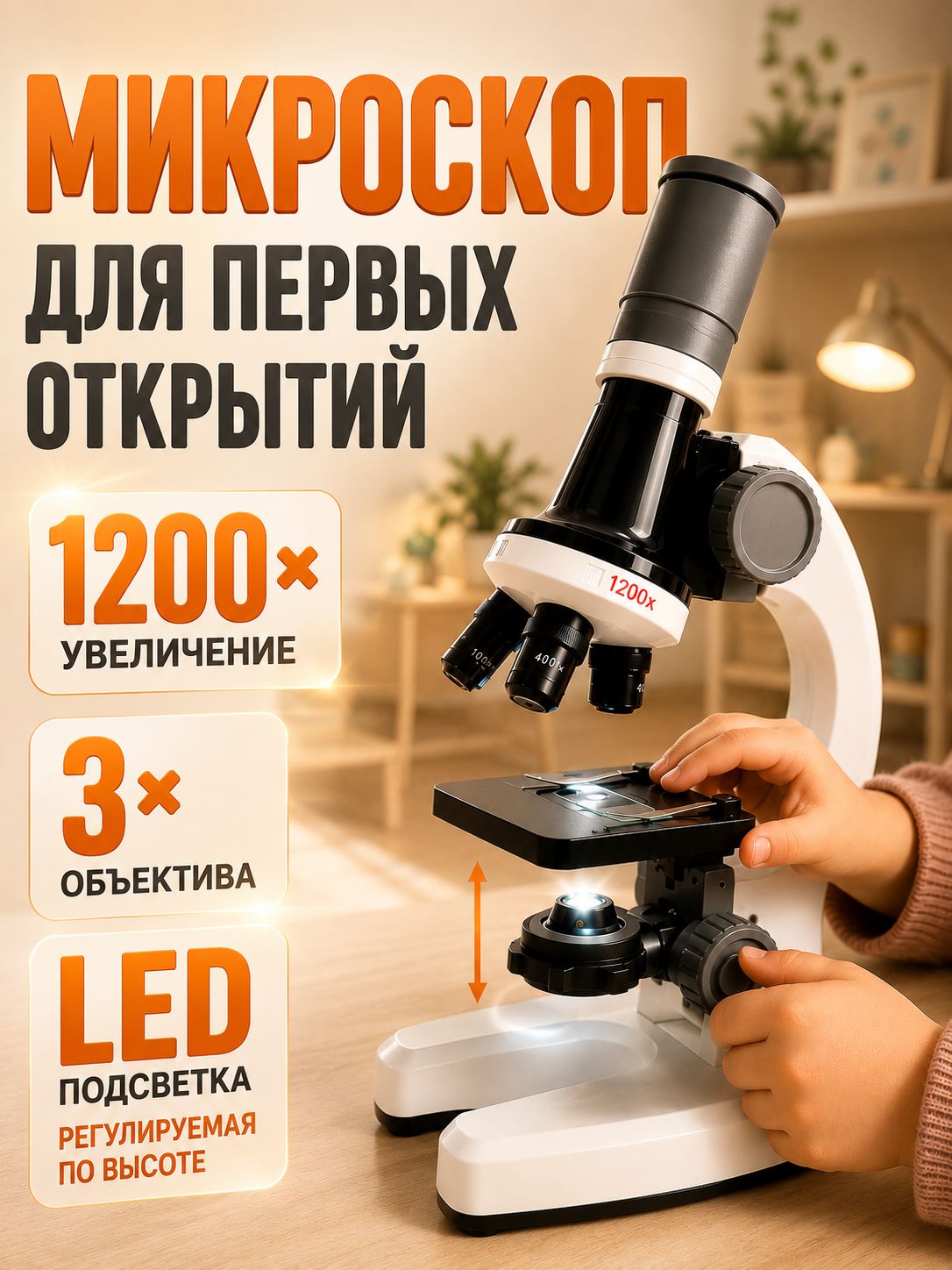 Детский микроскоп с готовым набором для опытов WaveVision Junior 1200x