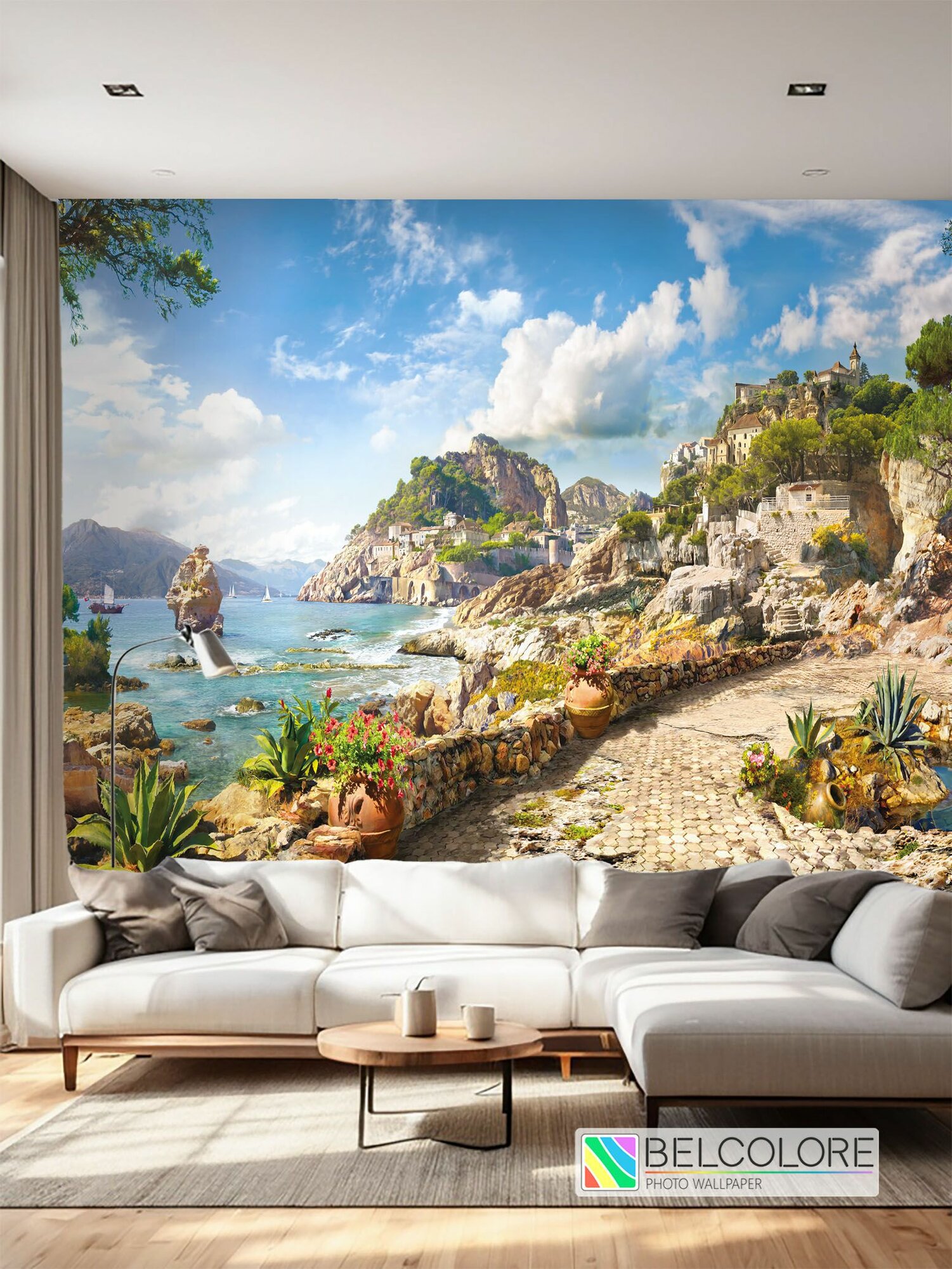 Фотообои на стену флизелиновые, Скалистая набережная на берегу моря 3d, 500х250 см, на кухню, в спальню, рельефные, с виниловым покрытием, моющиеся