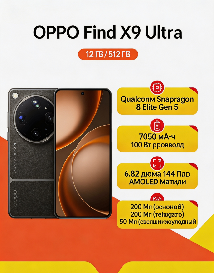 Смартфон OPPO Find X9 Ultra Global 12/512ГБ Snapdragon 8 Elite Gen 5 Hasselblad 200+200+50 МП 7050 мАч Чёрный