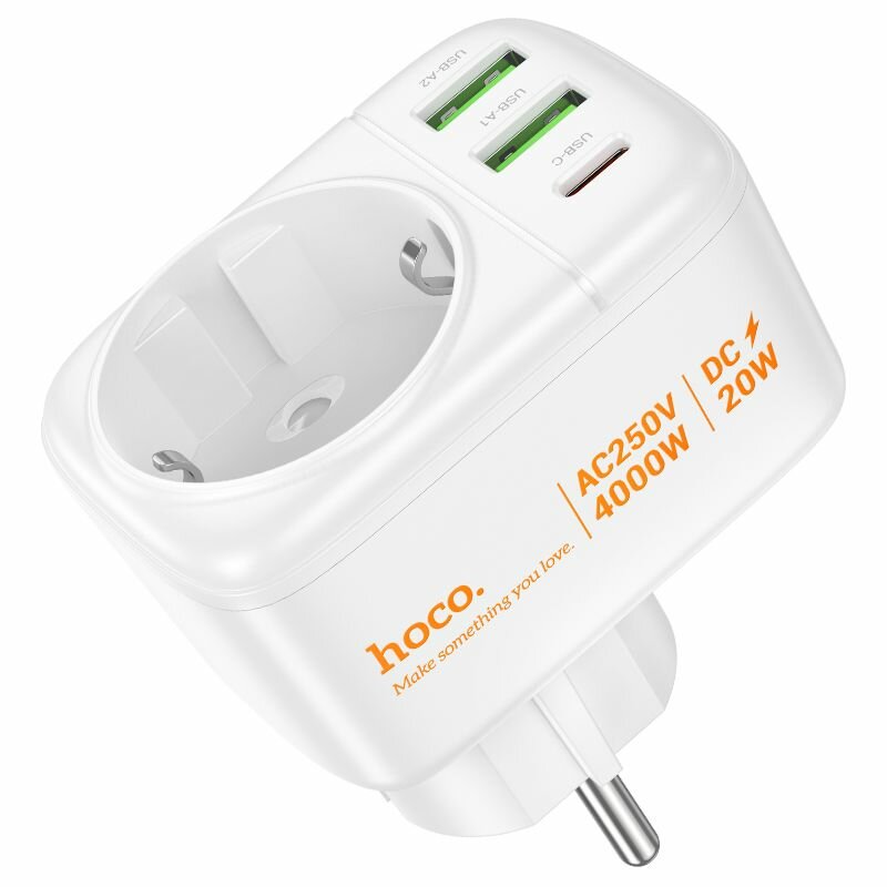 Сетевое зарядное устройство HOCO AC26 20W, 2xUSB-A, USB-C, AC250V/4000W, белый