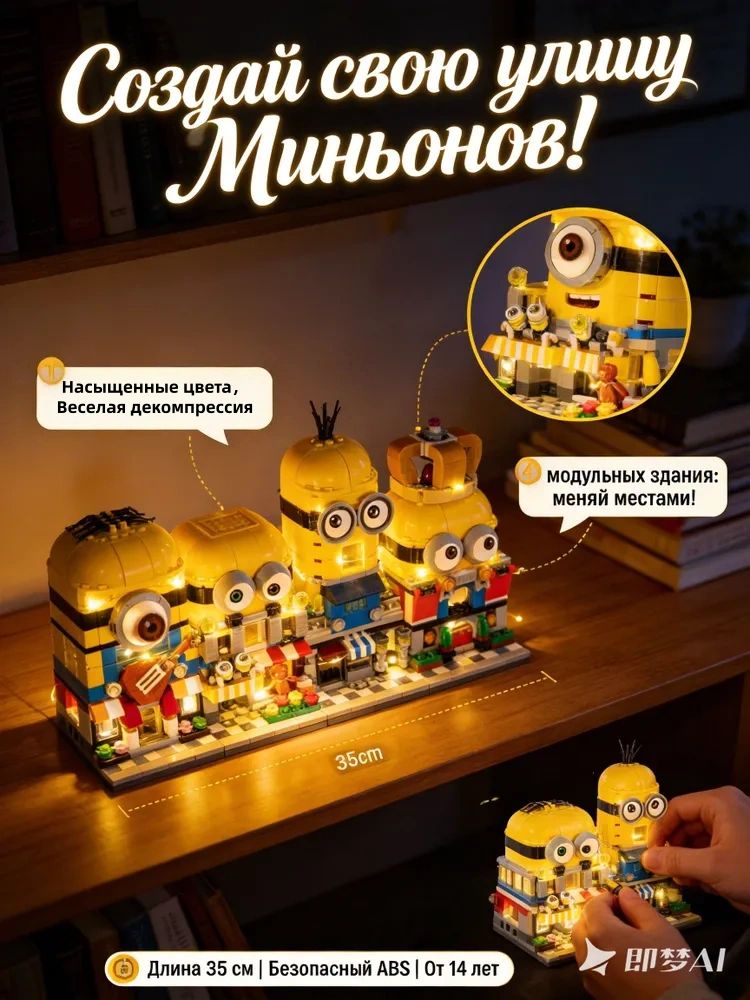 Конструктор Архитектура "Улица Миньонов", светящаяся сборная модель с LED гирляндой, модульный мини-город из миниблоков, декор на стол, антистресс подарок