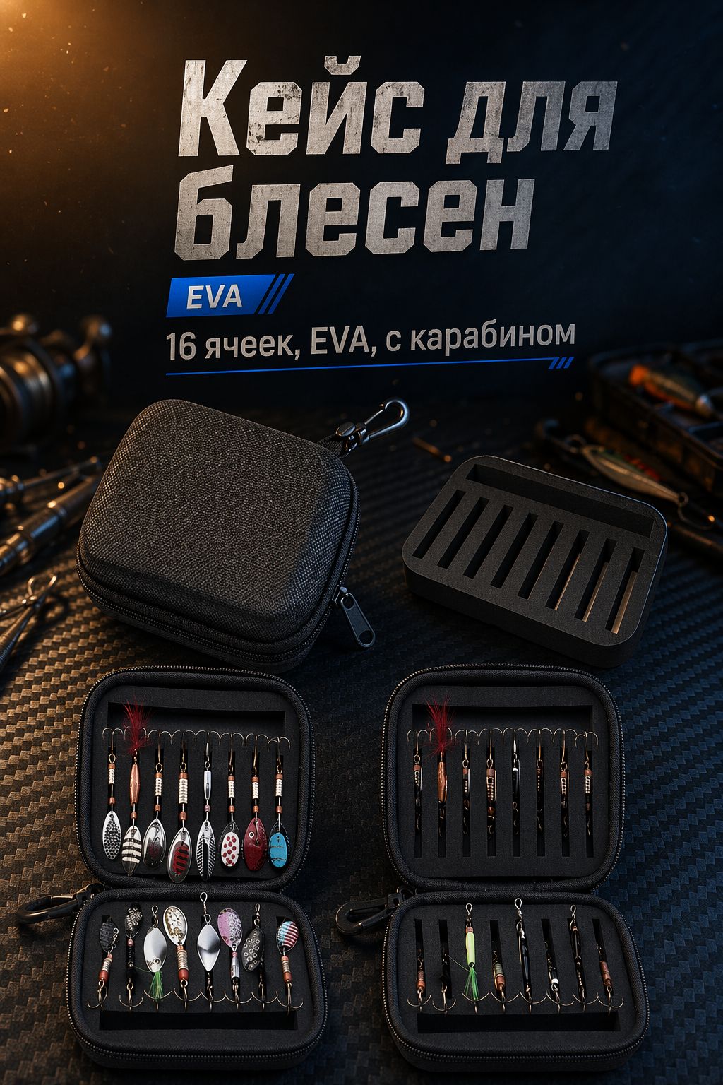 Мягкий рыболовный органайзер для блесен, EVA, 16 ячеек, влагонепроницаемый, с карабином