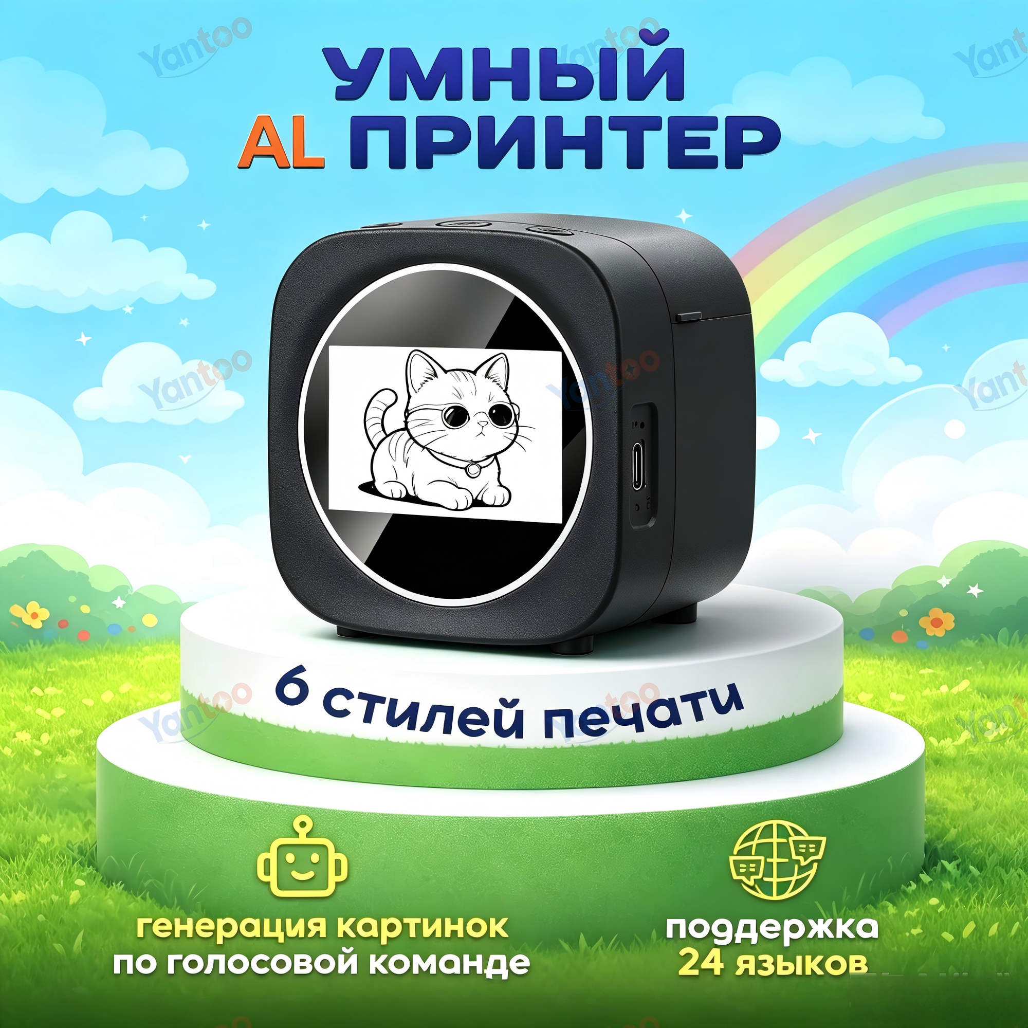 Чёрная модель, праздничный подарок, детский AI-принтер: генерация картинок по голосу, печать, 6 стилей печати