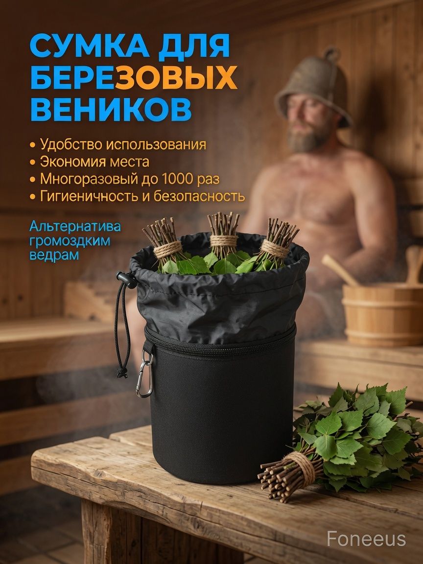 Запарник для бани и сауны Foneeus: мешок складной из оксфорда для запаривания веников. Удобное с затяжкой и карабином, аксессуары для банного парения.