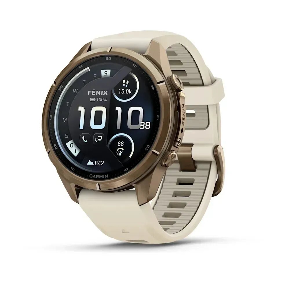 Смарт-часы Garmin Fenix 9 PRO - 43 мм inReach, Amoled, Titanium, осенне-золотой, с силиконовым ремешком кремово-серого цвета (010-04335-21)