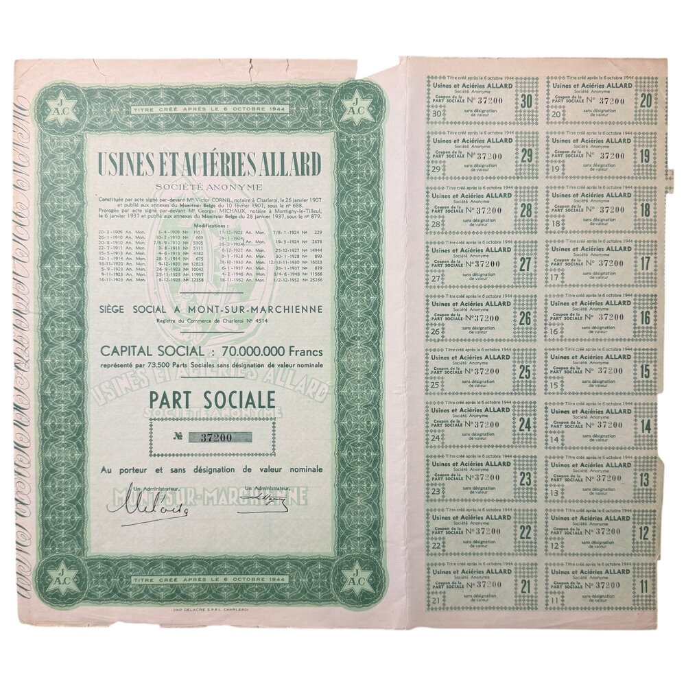 Бельгия, Usines et Acieries Allard SA, сертификат на 1 социальную долю 1944 г.
