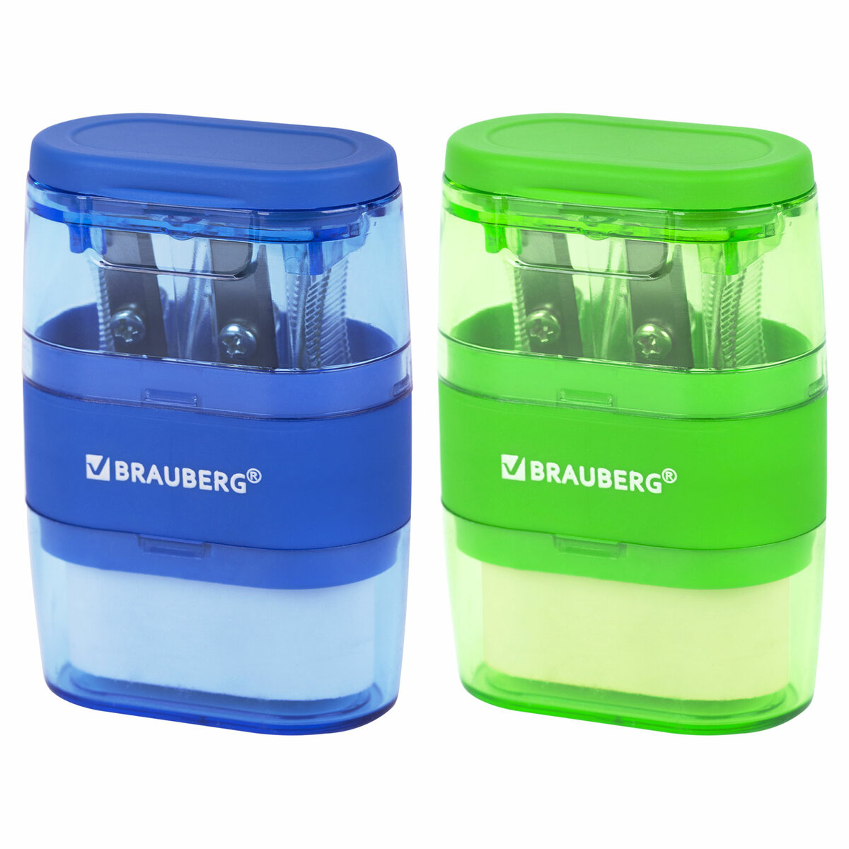BRAUBERG Точилки с ластиком 2 в 1 Double набор 2 штуки, 2 отверстия, синяя/зелёная, блистер, 271995