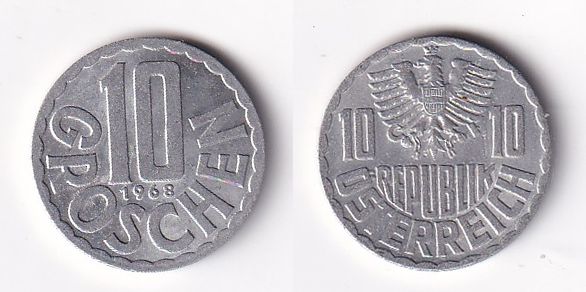 Австрия 10 грошей 1968 год