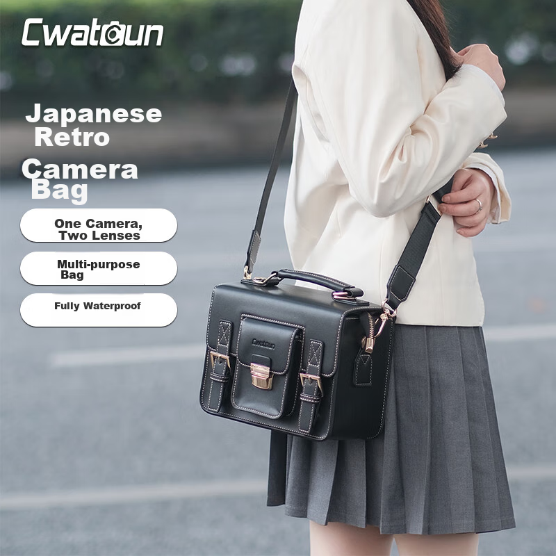 CWATCUN Японский стиль двойной ремешок сумка для зеркалки Fuji Sony Canon Leica Цвет：Черный (средний)