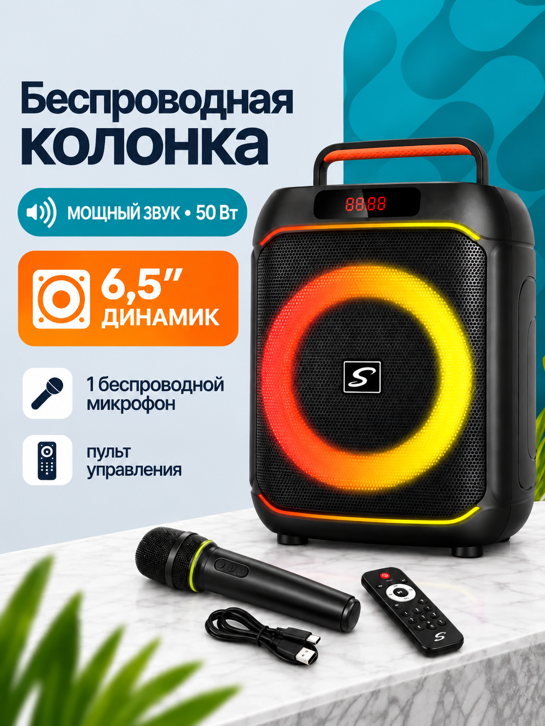 Караоке-колонка с подсветкой, 50W, с беспроводными микрофонами, RGB-подсветкой