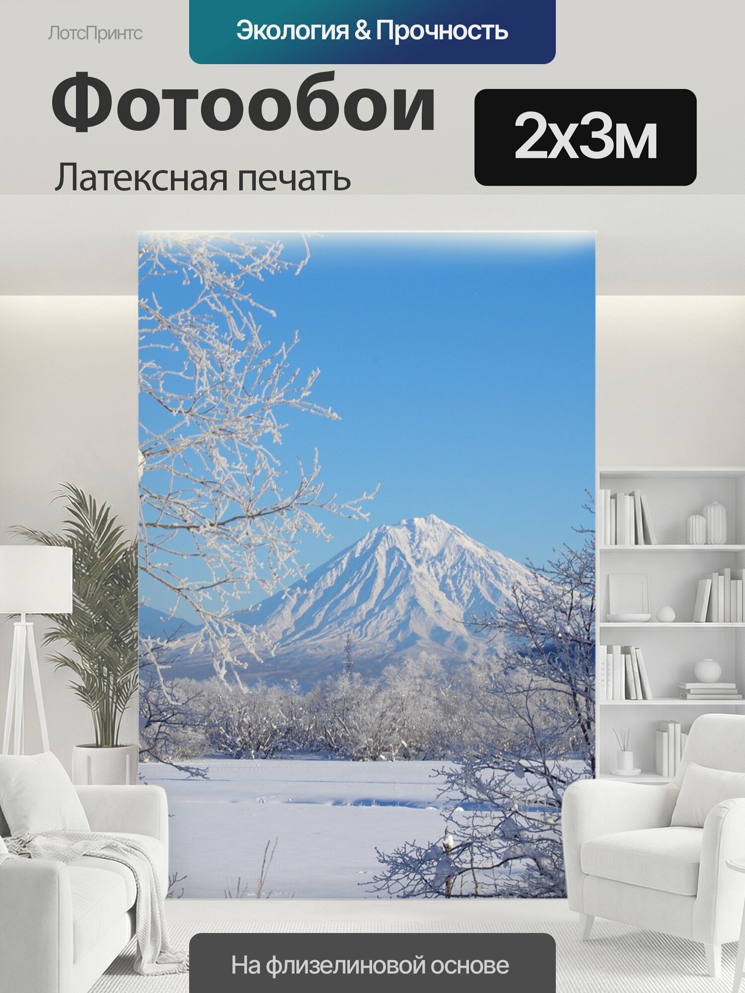 Фотообои моющиеся ударопрочные "Вулкан корякский, камчатка, зима" 200x300 см. латексная печать