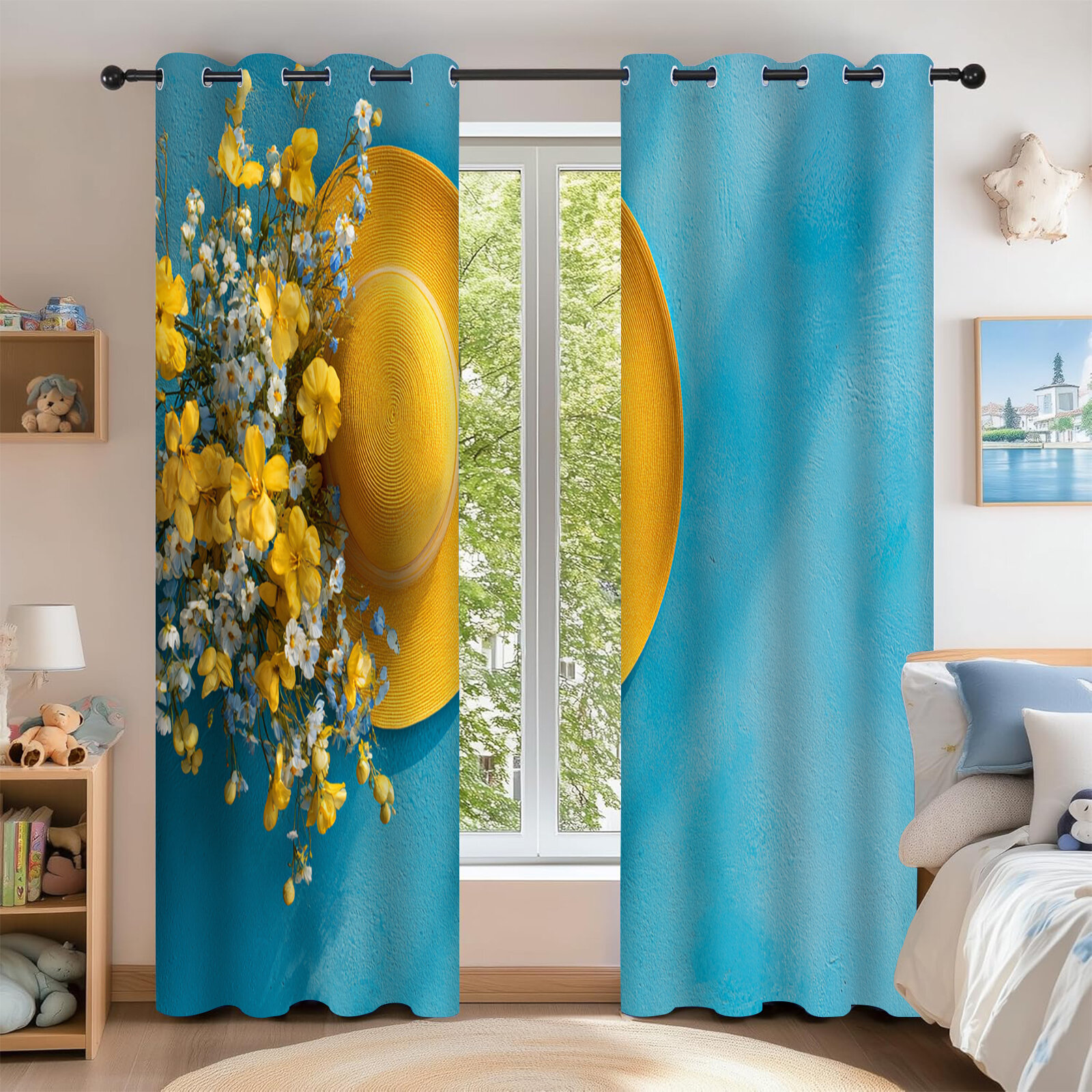 Желтый Цветочный Комплект штор блэкаут на люверсах 2 шт, Лето 145x240cm в спальню