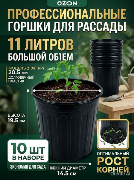 Вазон 4.59 л, 19.5 см, 10 шт, цвет черный