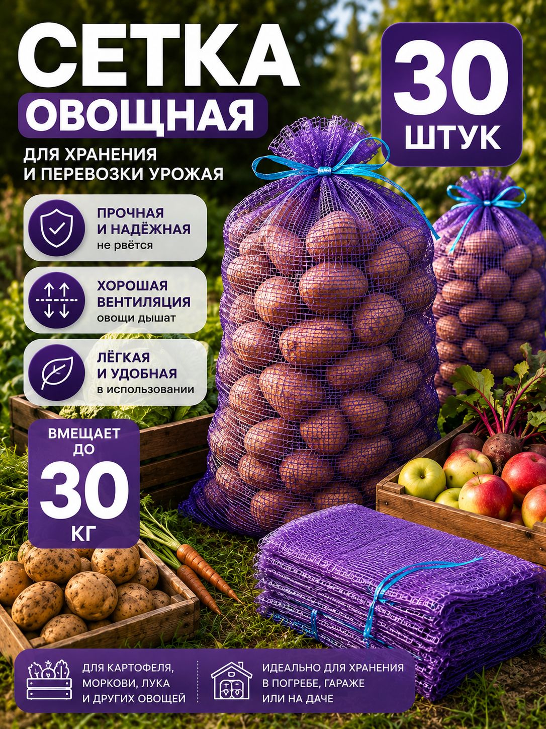 Сетка мешок 45*75 см для овощей и фруктов, 30 штук выдерживают до 30 кг