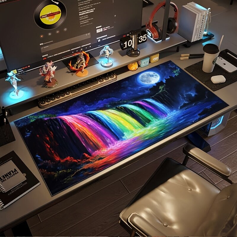 Игровой коврик для мыши 50x120 см с рисунком радужного водопада под лунной ночью, с нескользящей резиновой основой, моющийся