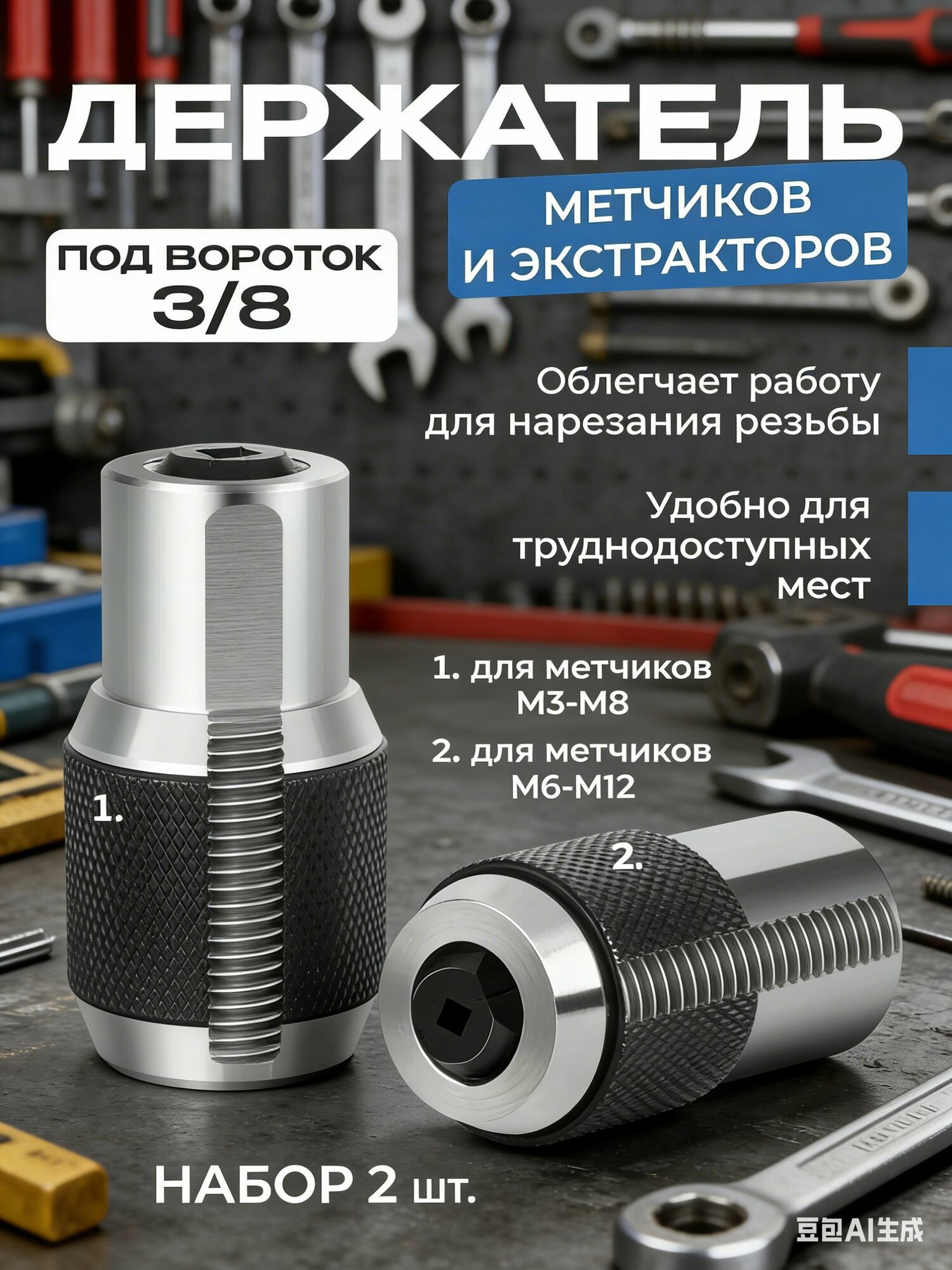 Адаптер держатель метчиков под трещотку 3/8 2 шт для М3-М12 экстракторы.