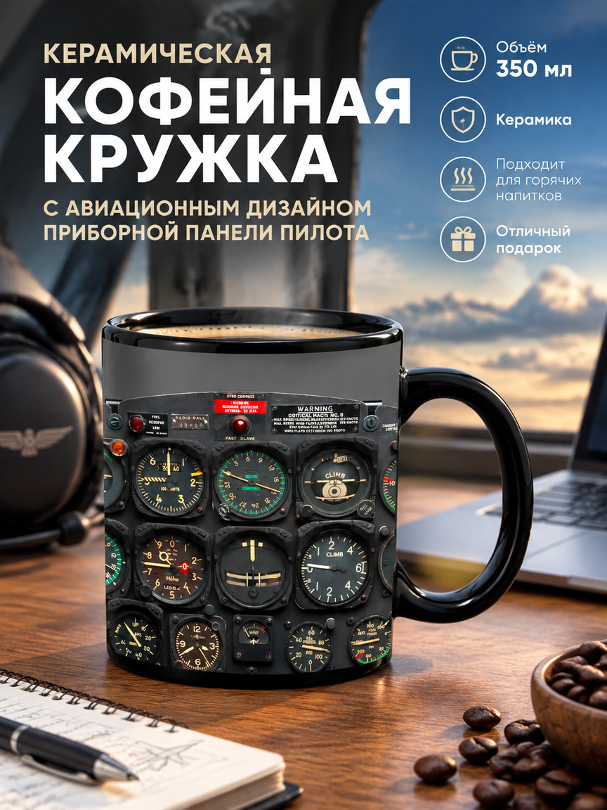 Керамическая кофейная кружка с авиационным дизайном приборной панели пилота, 350 мл, черная, подарок