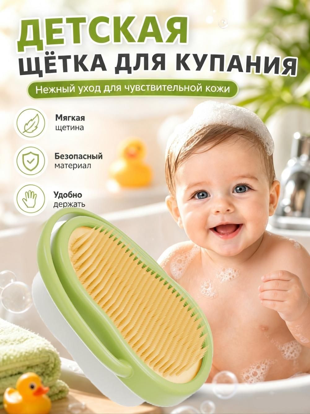 Щетка для купания малыша, мягкая щетина, светло-зеленая