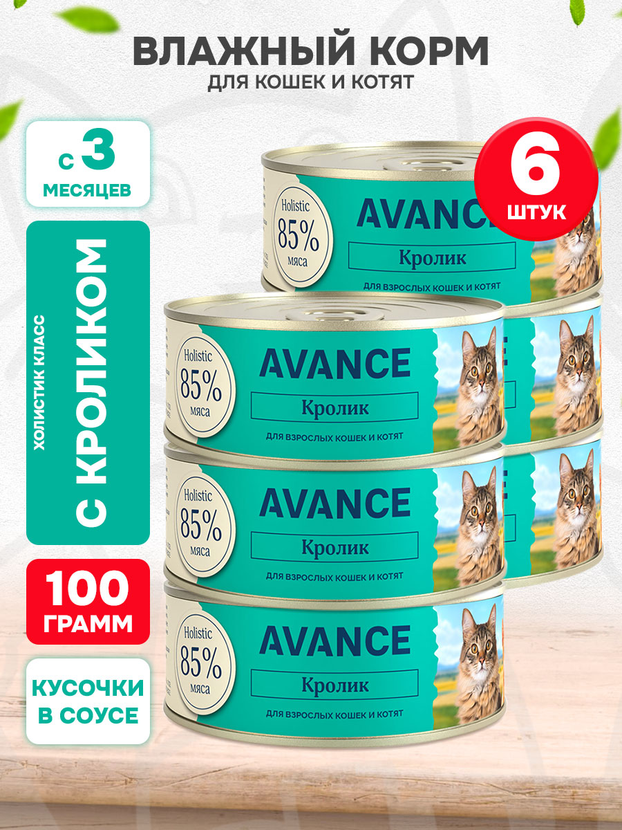 Корм влажный Avance Holistic для кошек и котят, кролик в соусе, 100 г 6 шт