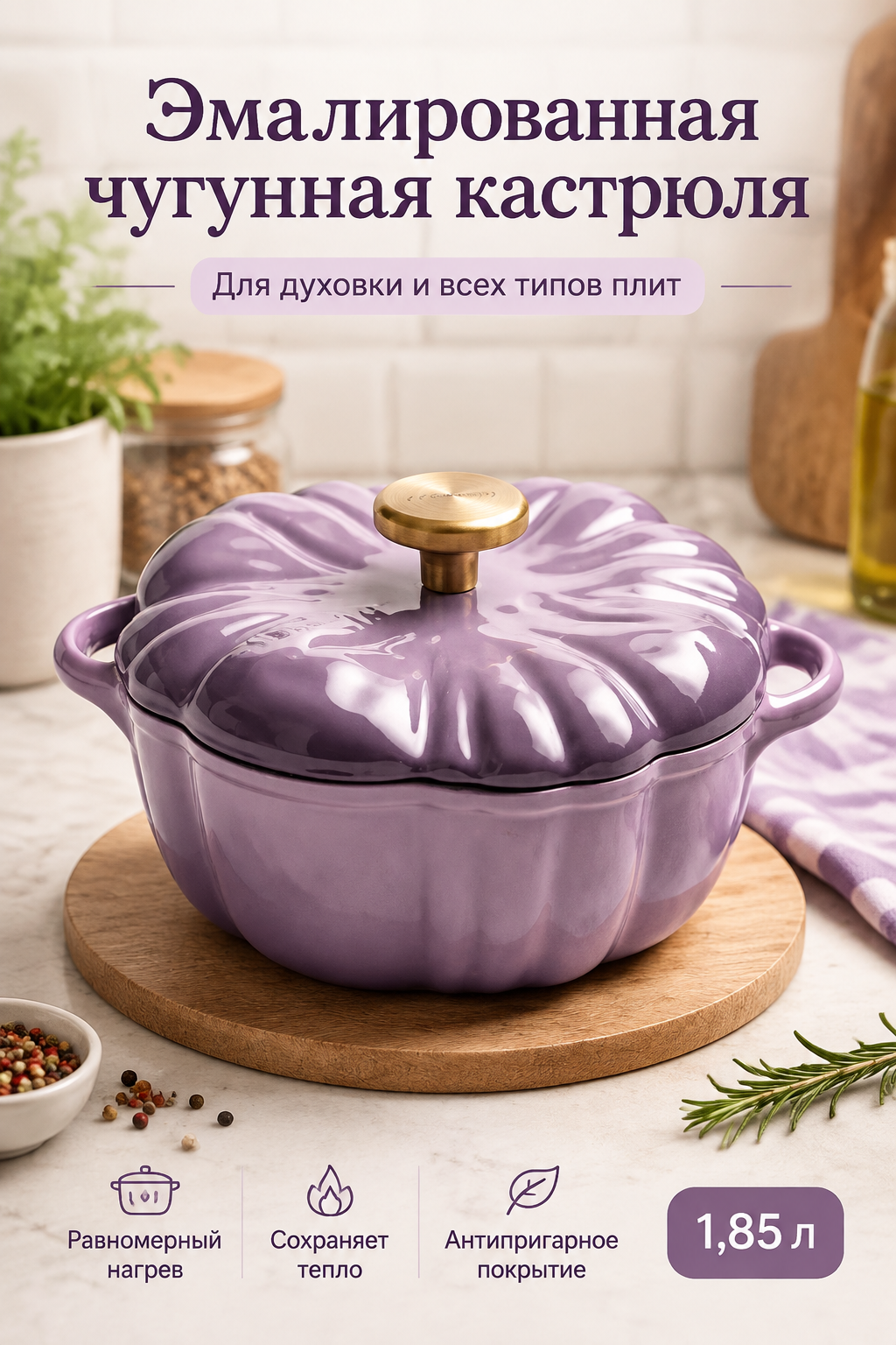 Эмалированная чугунная кастрюля 1,85 л с крышкой, для духовки и плит, комплект 2 шт