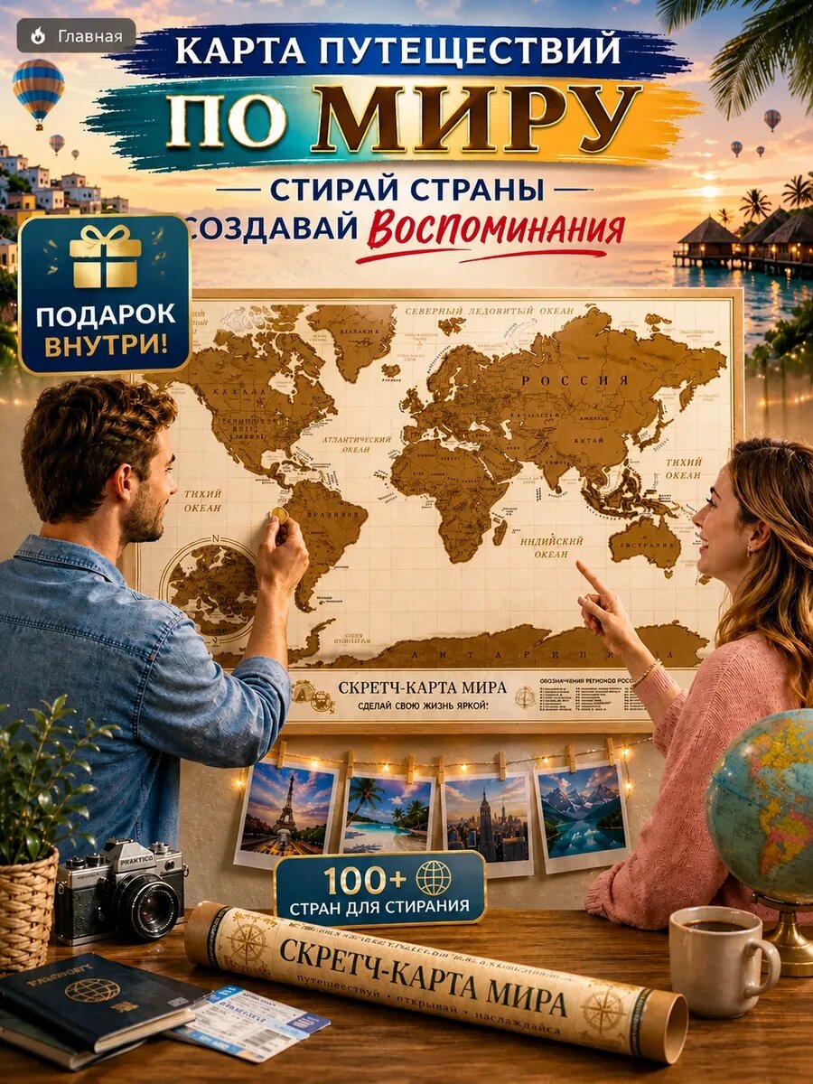 Скретч карта мира Gift Development, дневник туриста, в тубусе, 85х60 см