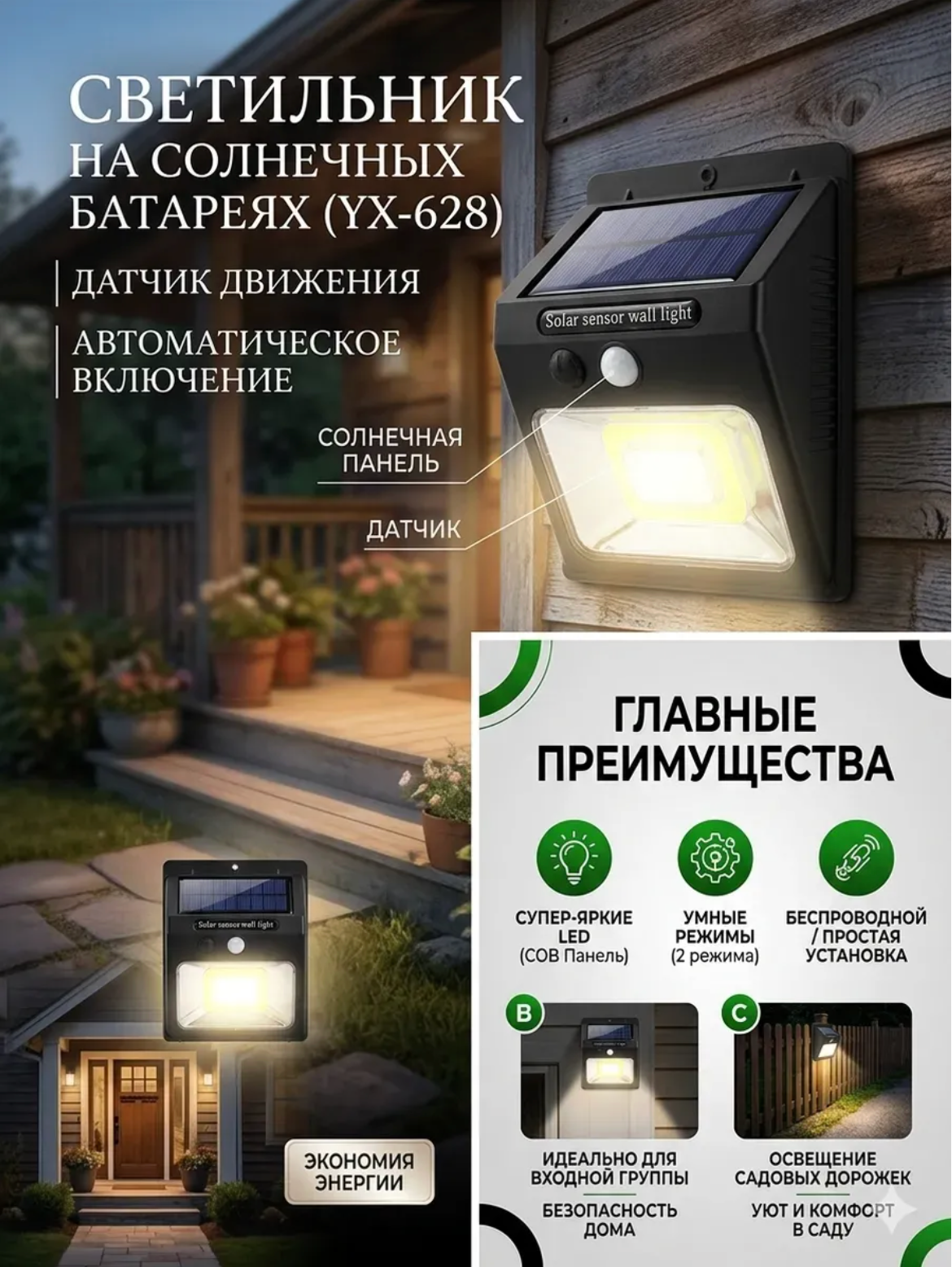 Уличный светильник на солнечной батарее с датчиком движения, уличный фонарь