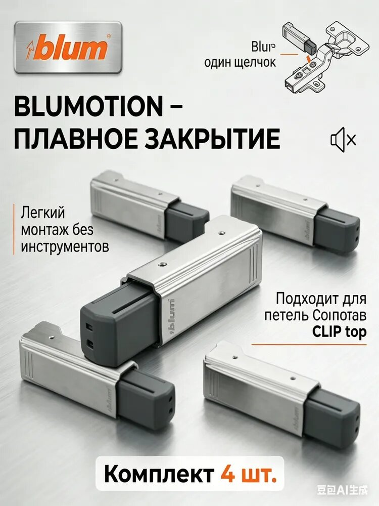 BLUM Доводчик амортизатор BLUMOTION для накладных петель CLIP top 107/110/120 973A0500 комплект 4 шт для бесшумной мебели