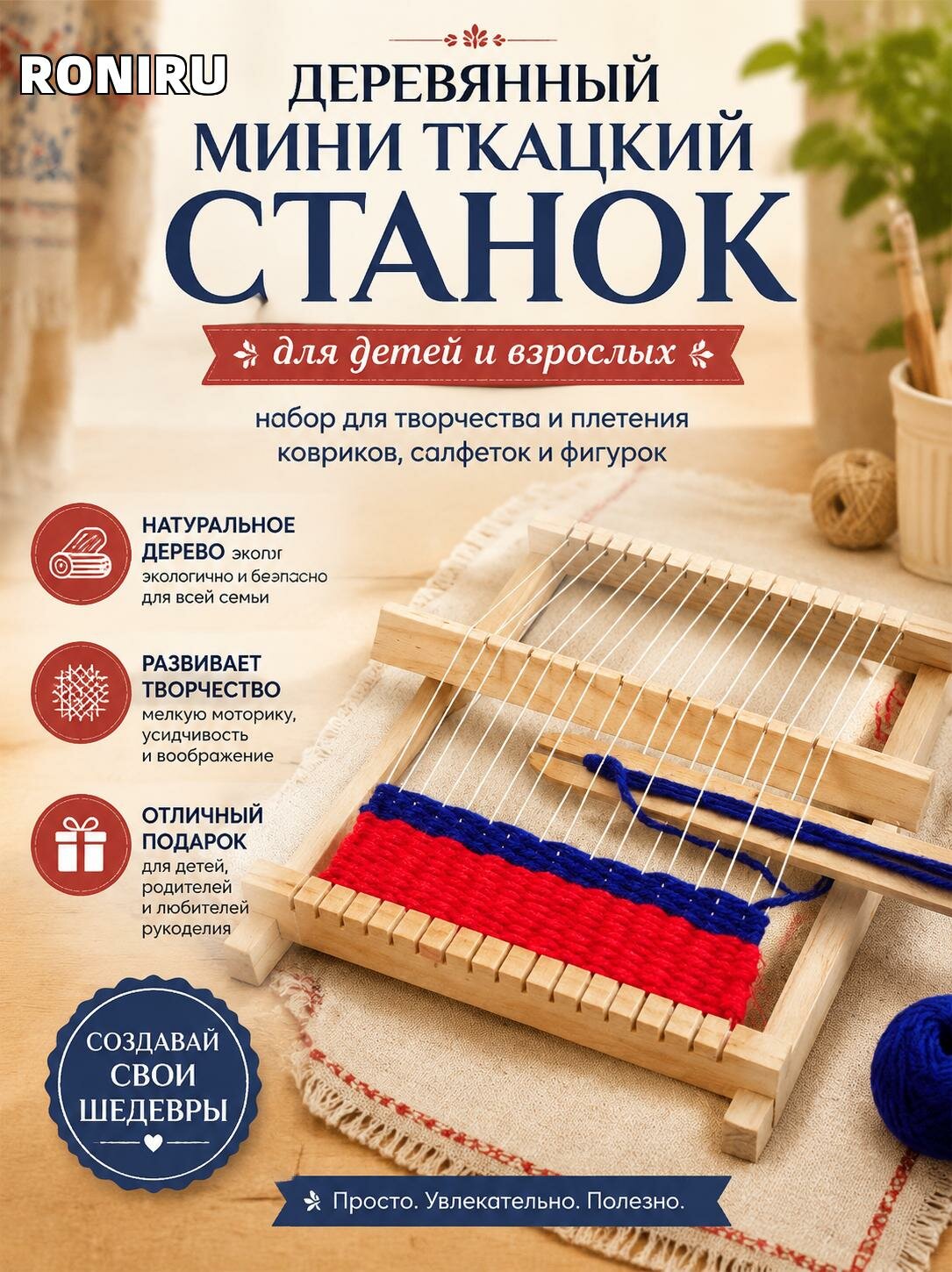 Деревянный мини ткацкий станок для детей и взрослых — набор для творчества и плетения ковриков, салфеток и фигурок