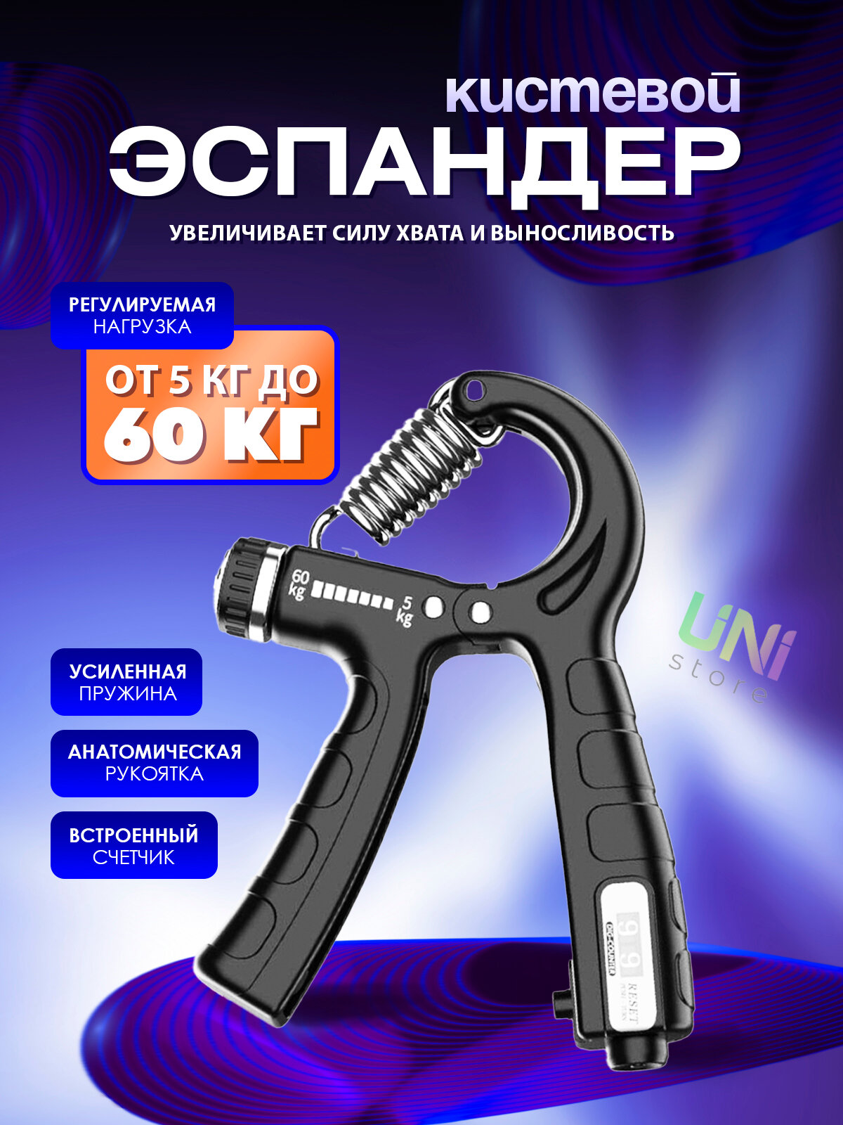 Кистевой эспандер пружинный (XY-772) с регулировкой нагрузки и счетчиком, черный