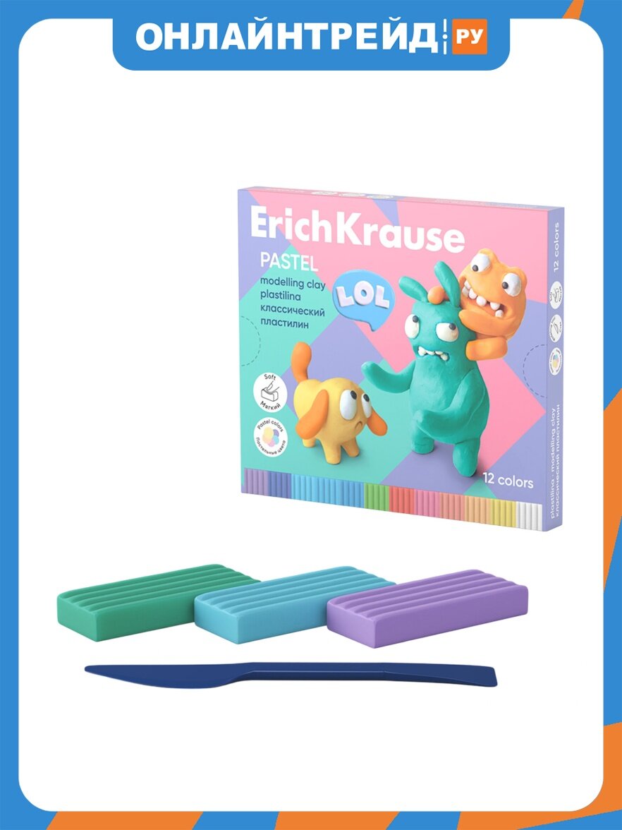 Пластилин классический Erich Krause "Jolly Friends pastel", 12 цветов, 216 г, со стеком, 61352