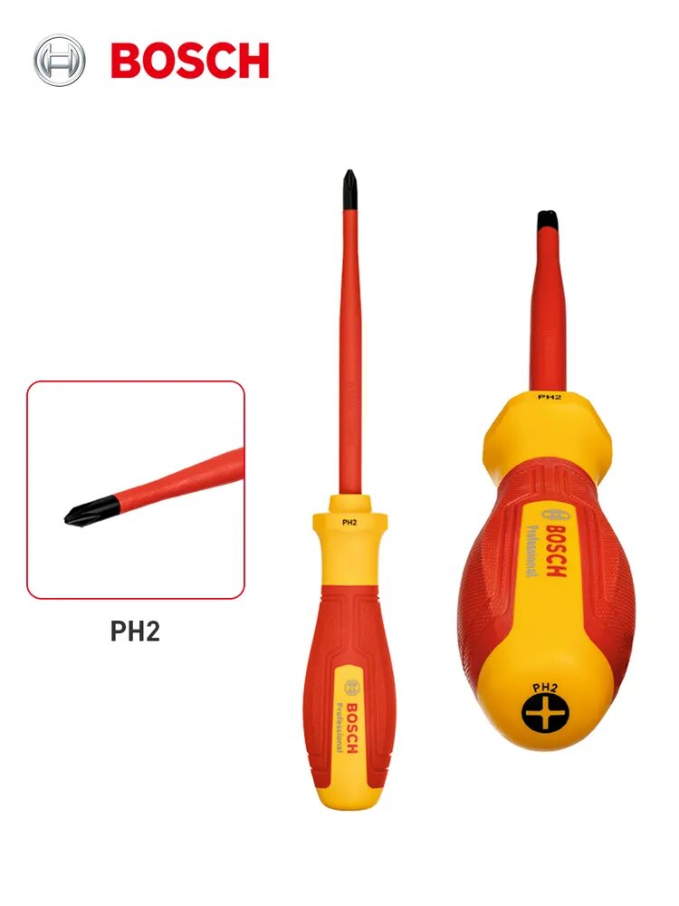 Отвёртки VDE Bosch 1000 В, S2, PH2, диэлектрические, нескользящая рукоятка, маркировка