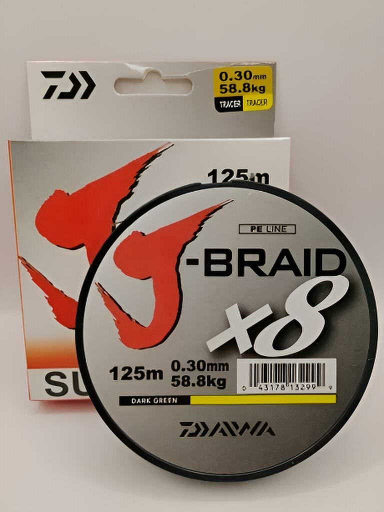 Шнур плетеный DAIWA J-Braid, диаметр 0,3 мм, разрывная нагрузка 58,8кг, длина 125м