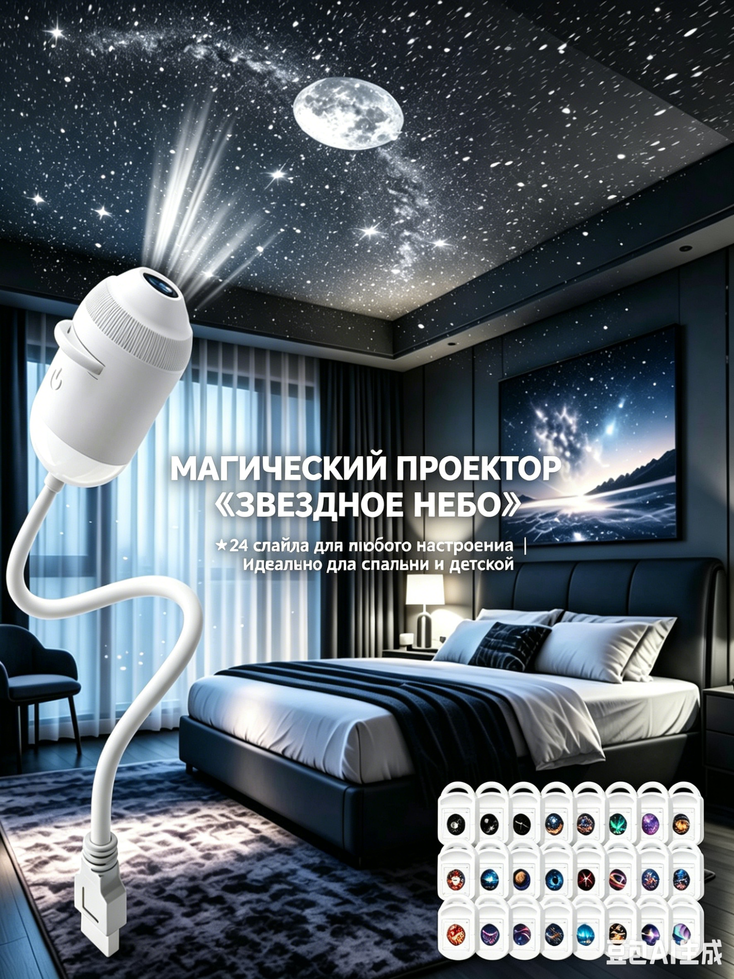 Умный ночник-проектор "Звездное небо" с 24 сменными слайдами, настольная лампа с сенсорным управлением и регулировкой яркости, USB-светильник для дома и спальни, подарок