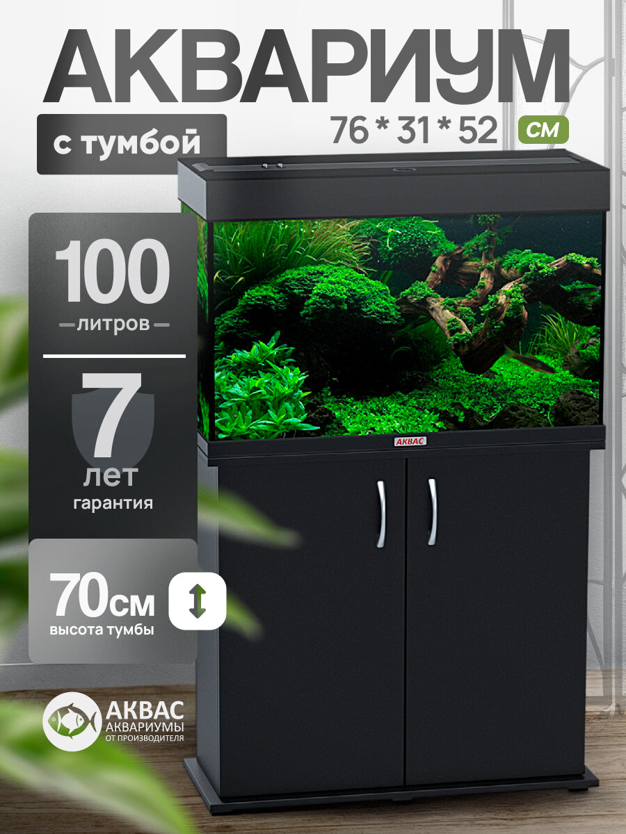 Аквариум 100 литров с тумбой крышкой и освещением (76х31х52 см) Аквас