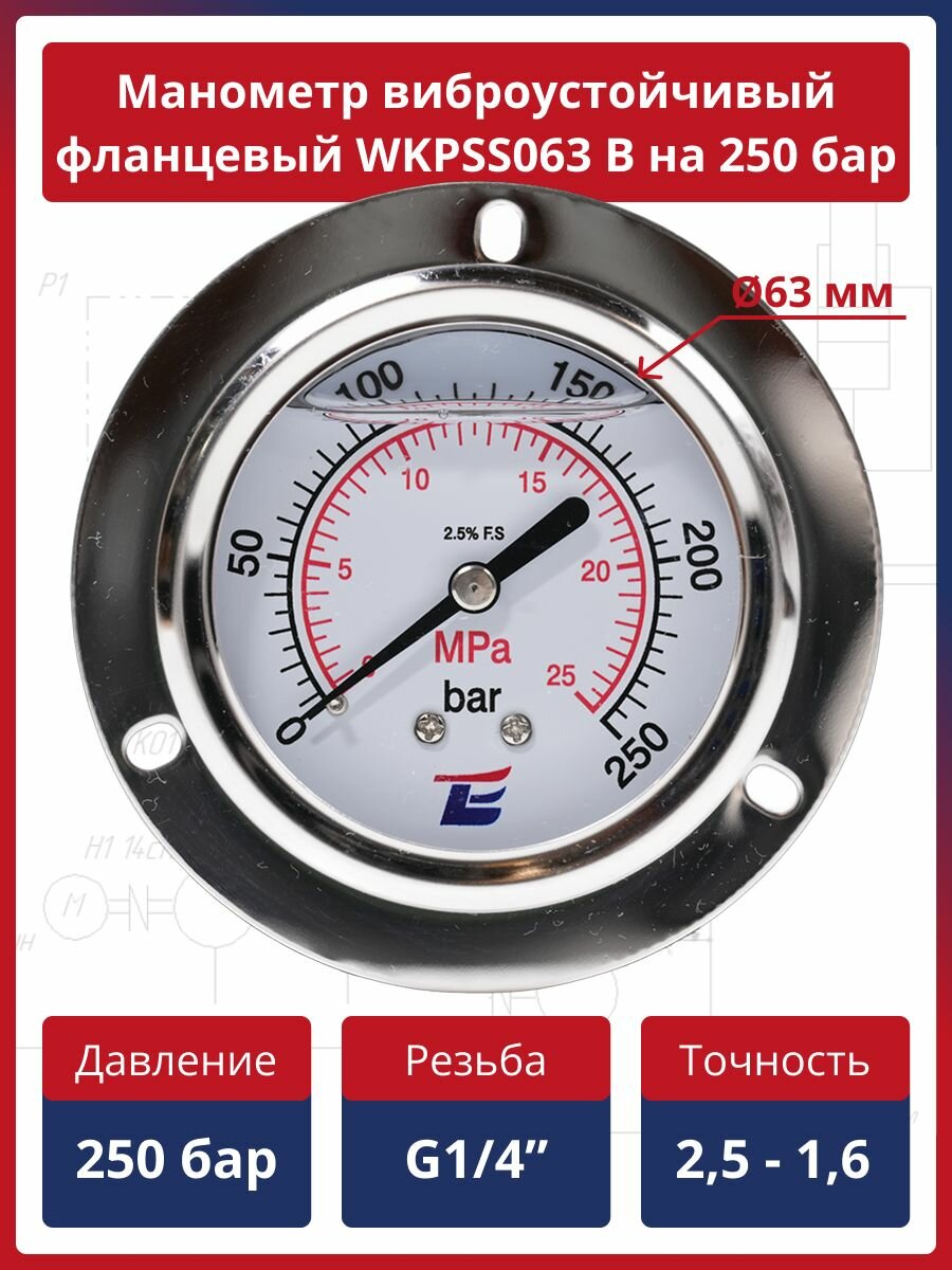 Манометр виброустойчивый WKPSS063 B 250 bar 1/4BSP (M637PFL, ТМ-320ТКП)