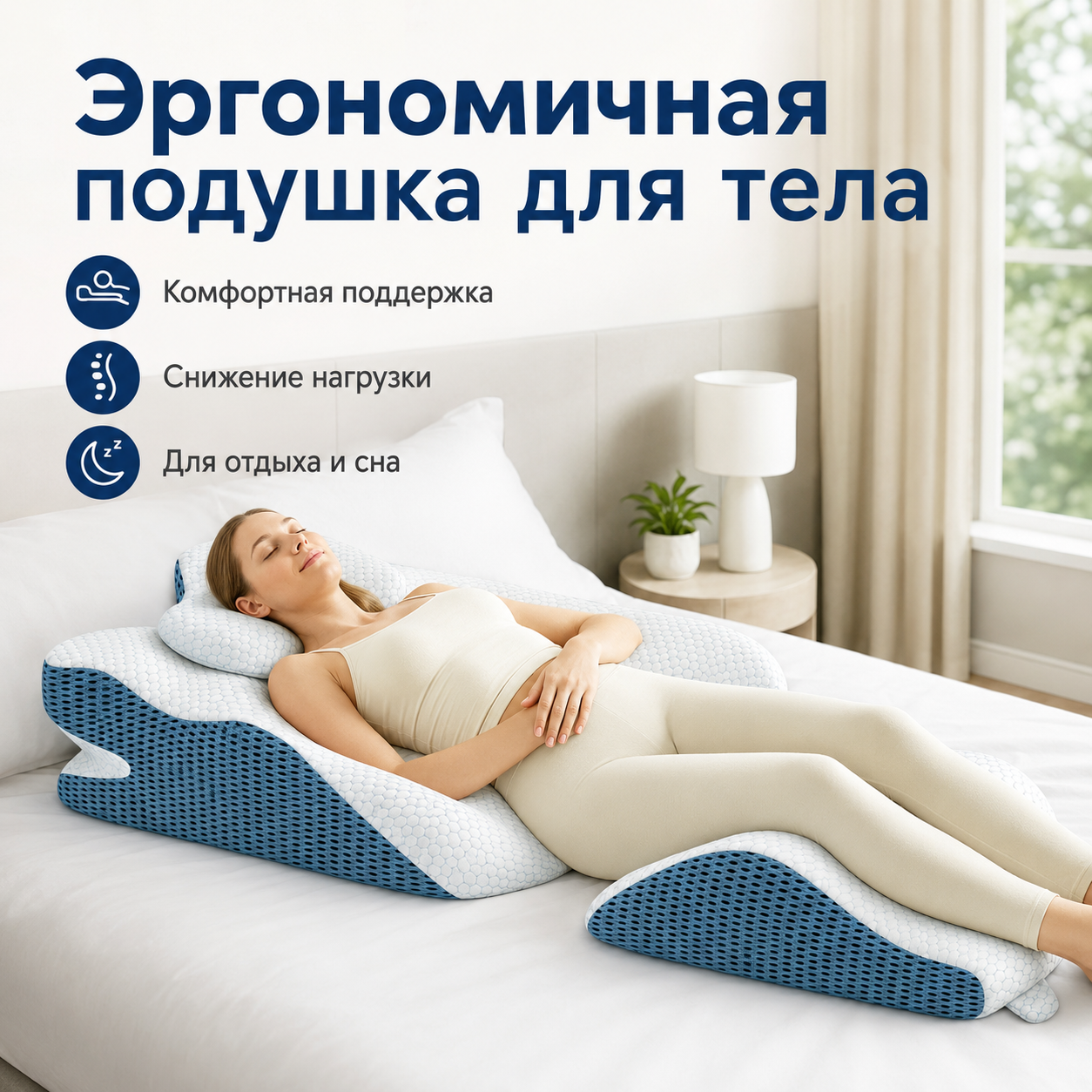 Ортопедическая подушка, 60 см x 36,5 см, голубой/белый, полиэстер/тенсел
