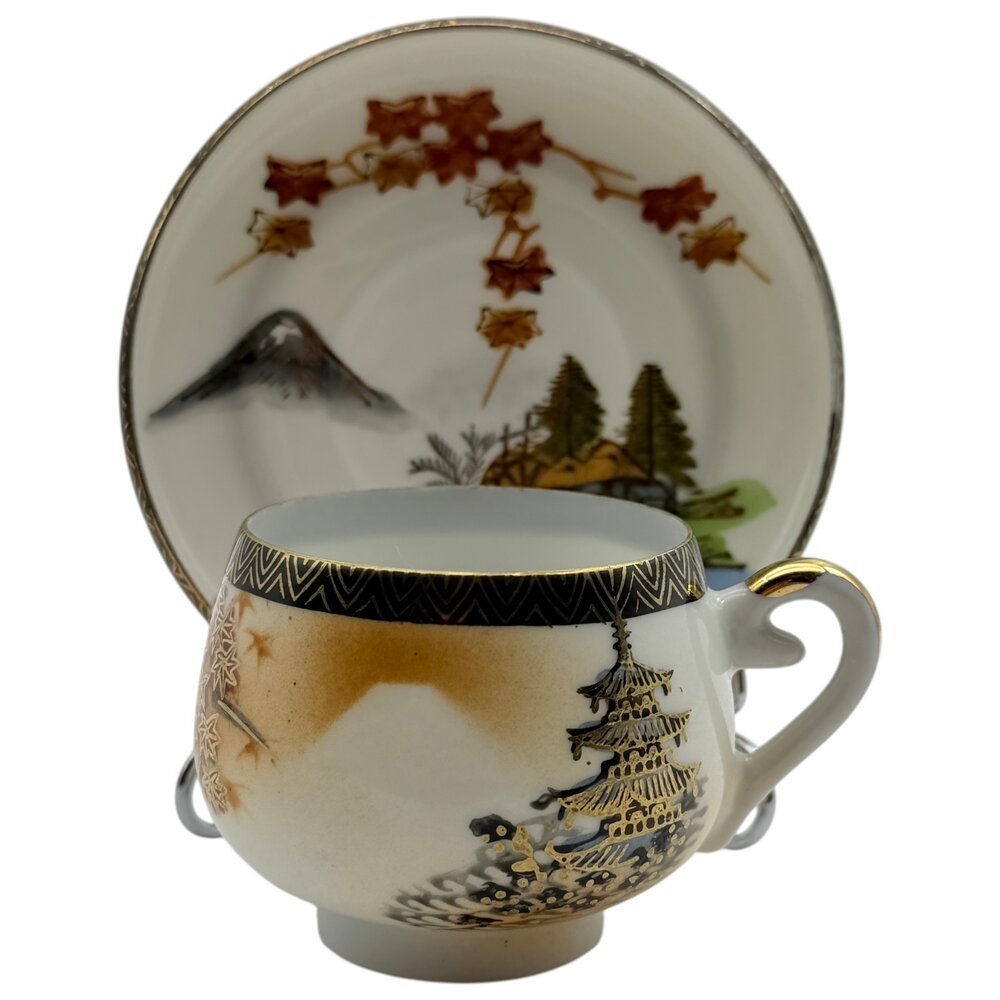 Кофейная пара "Пагода - Пейзаж", 100 мл, ручная роспись, 1950-1960 гг, литофания "Гейша", Япония