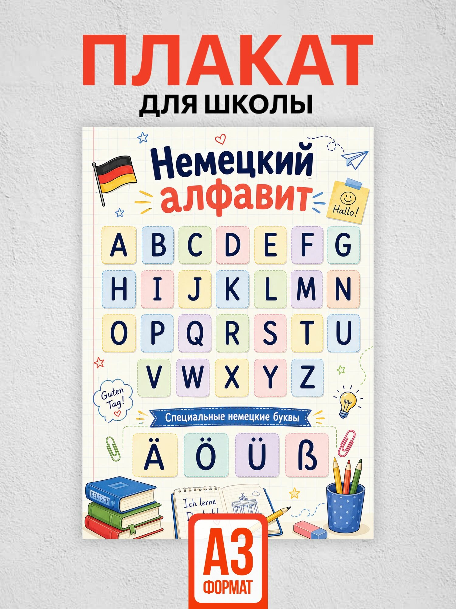 Плакат немецкий алфавит, для школы, в класс