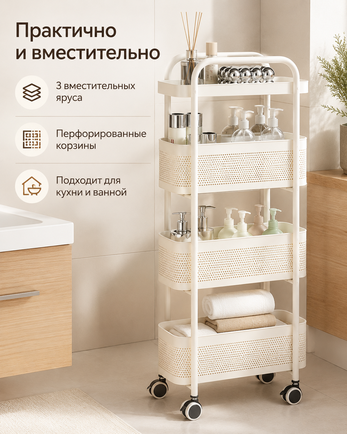 Мобильный трехъярусный стеллаж белый на колесиках для ванны и кухни 15х40х90 см, 1 шт.