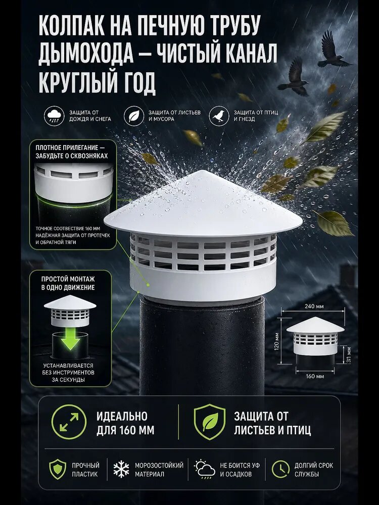 Колпак на трубу дымохода 160мм, грибок вентиляционный/дефлектор для крыши, защитный зонт для трубы дымохода/воздуховода