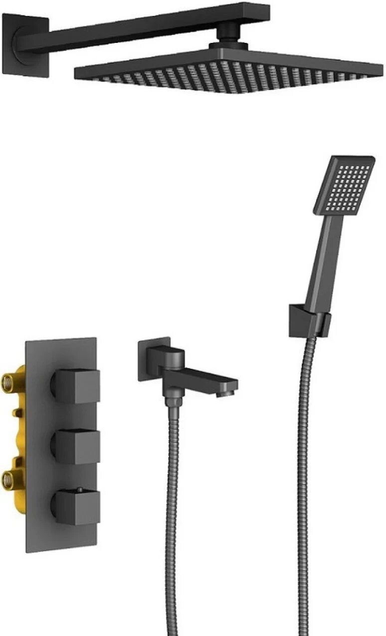 Душевой комплект Timo Tetra-Thermo SX-0199/03SM черный, С внутренней частью, латунь, матовая, термостат, 150×40×30 см