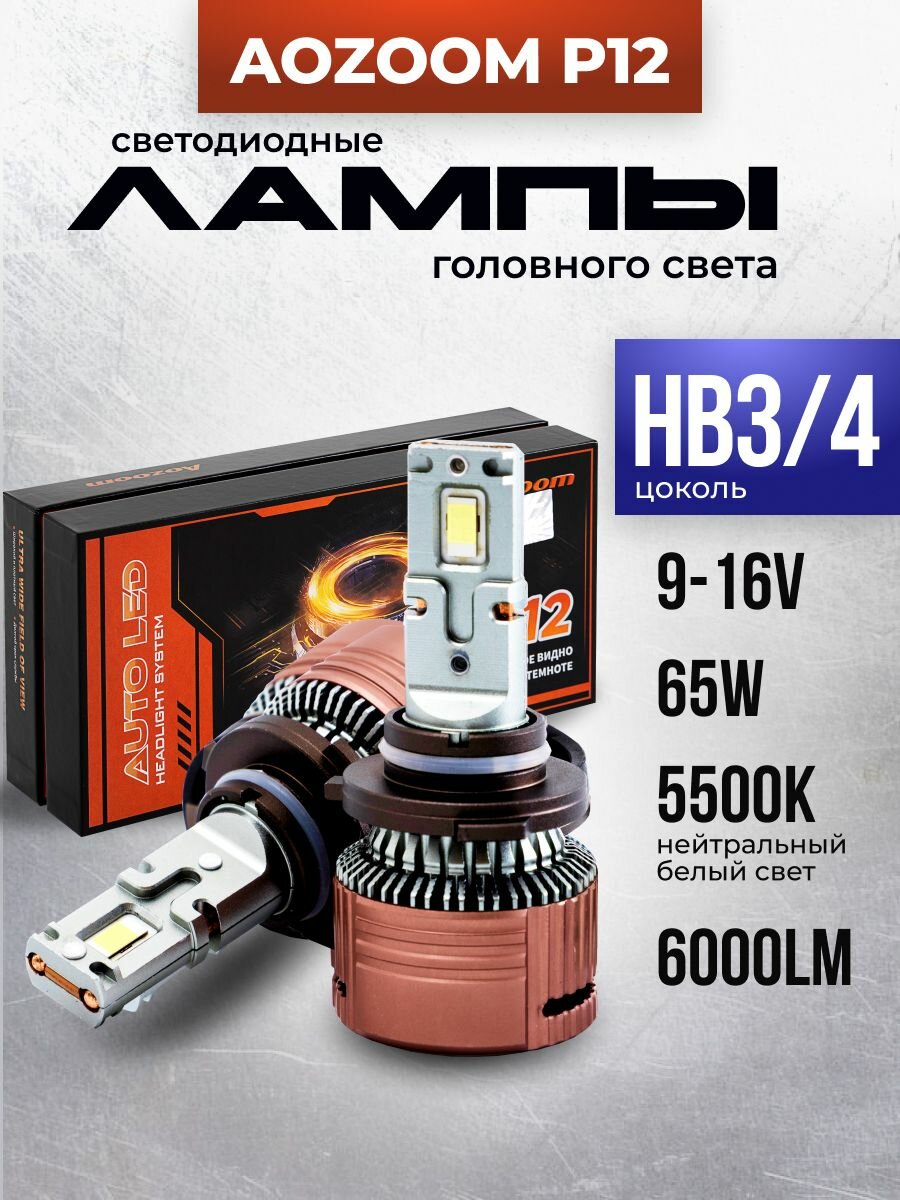 Светодиодные лампы Aozoom P12 HB3/HB4 5500K 65W