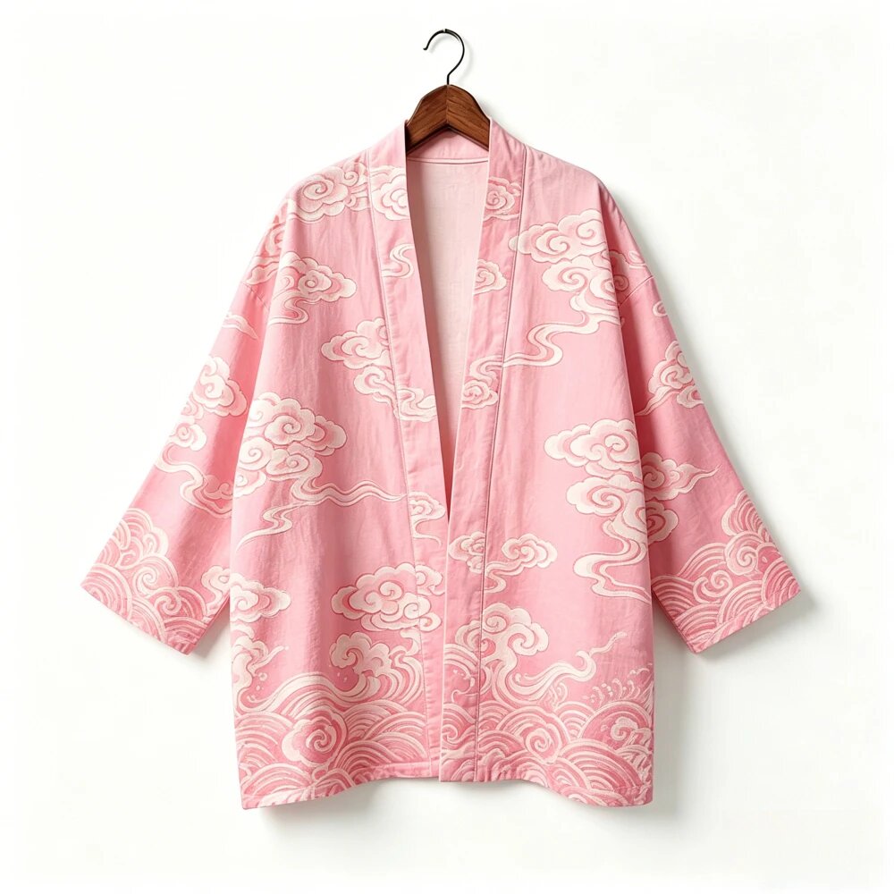 Хлопковое кимоно Wearyourface «Облака и журавли» Розовый, M, Haori Jacket11