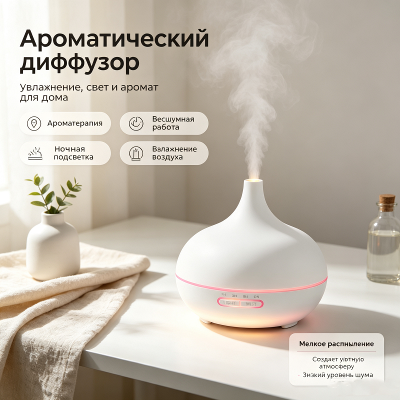 Деревянный арома диффузор с пультом, бесшумный увлажнитель 550 мл, таймер, автоотключение при отсутствии воды