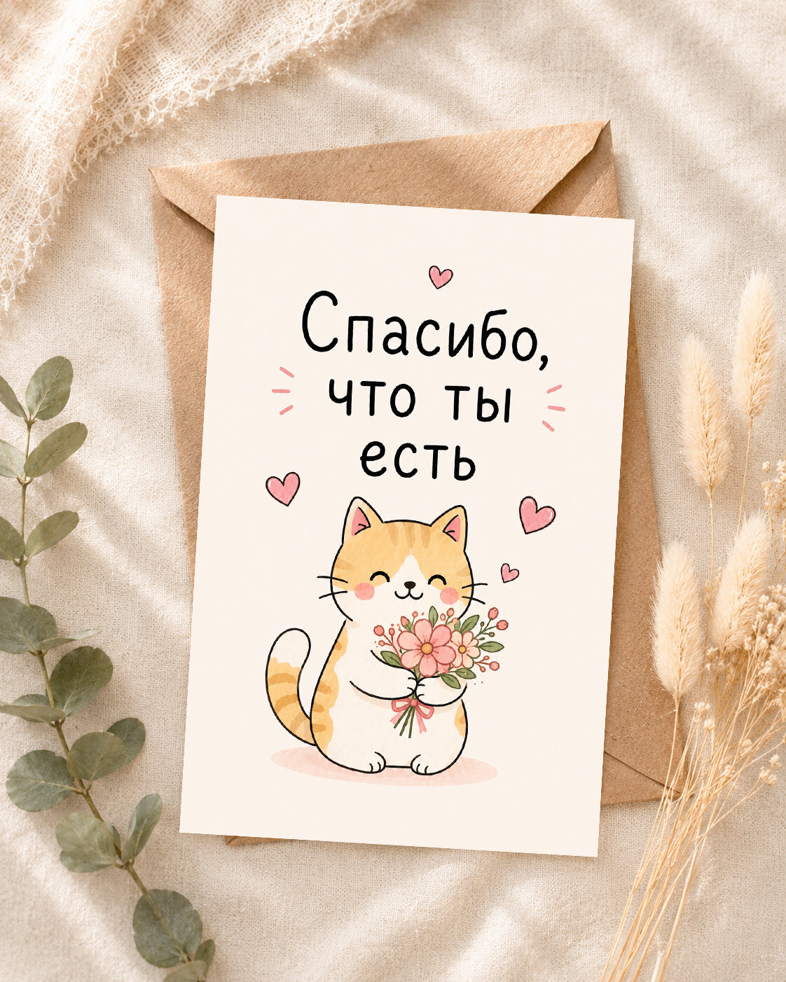 Открытка "Спасибо, что ты есть", милая открытка с котиком и цветами, конверт, 10х15