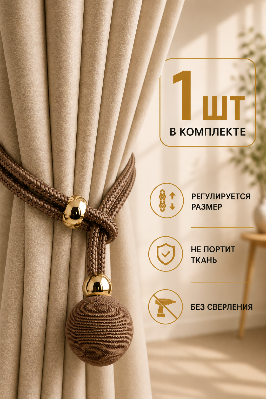 Подхват для штор, зажим, текстильный, круглый, коричневый, 1 штука