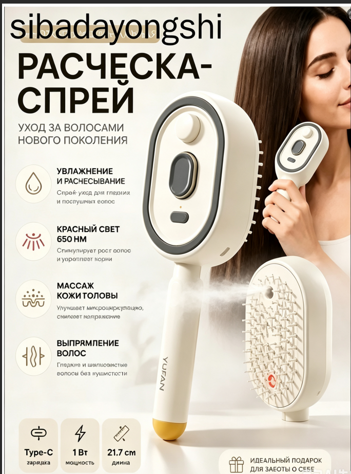 Паровой массажный спрей-расческа с увлажнением и Type-C зарядкой