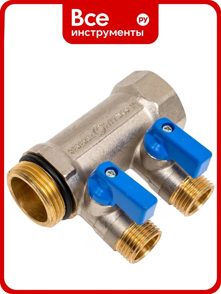 Коллектор с шаровыми кранами STOUT Smb 6211 011202 1", 2 отвода 1/2", синие ручки