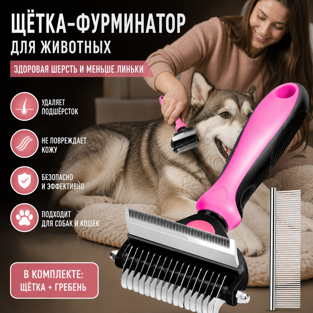 Фурминатор для вычесывания подшерстка кошек и собак, синий, эргономичный дизайн, легко чистить, самоочищающаяся, удаление подшерстка