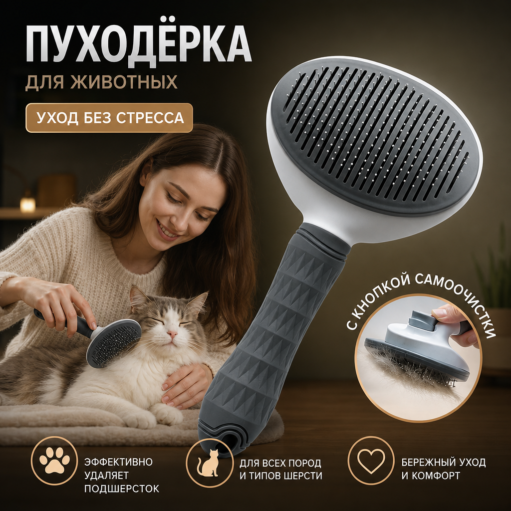 Профессиональная щетка для груминга кошек и собак, эргономичный дизайн, легко чистить, профессиональный уход, самоочищающаяся, снижает линьку